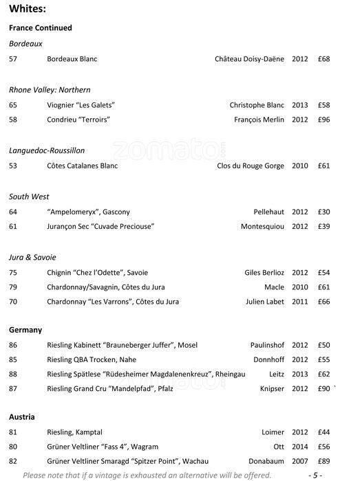 Menu at Simpsons Restaurant, Birmingham