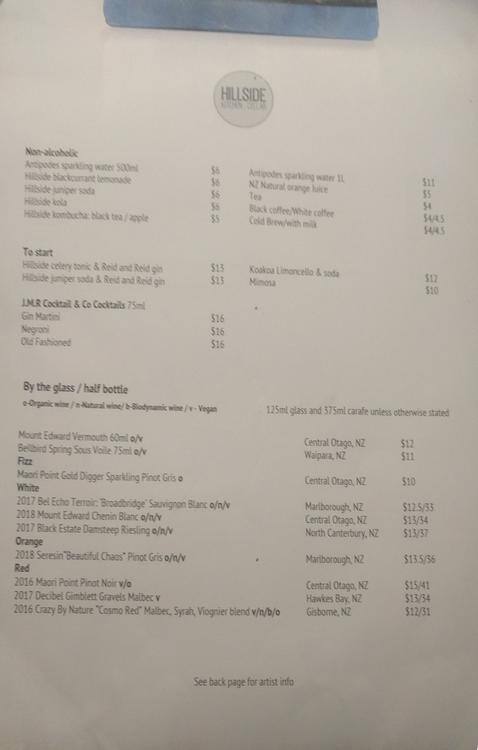 Menu at Hillside Kitchen & Cellar cafe, Wellington