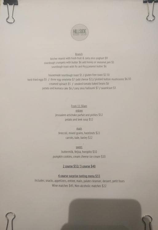 Menu at Hillside Kitchen & Cellar cafe, Wellington