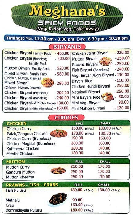 Meghana's Spicy Foods Menu - Zomato