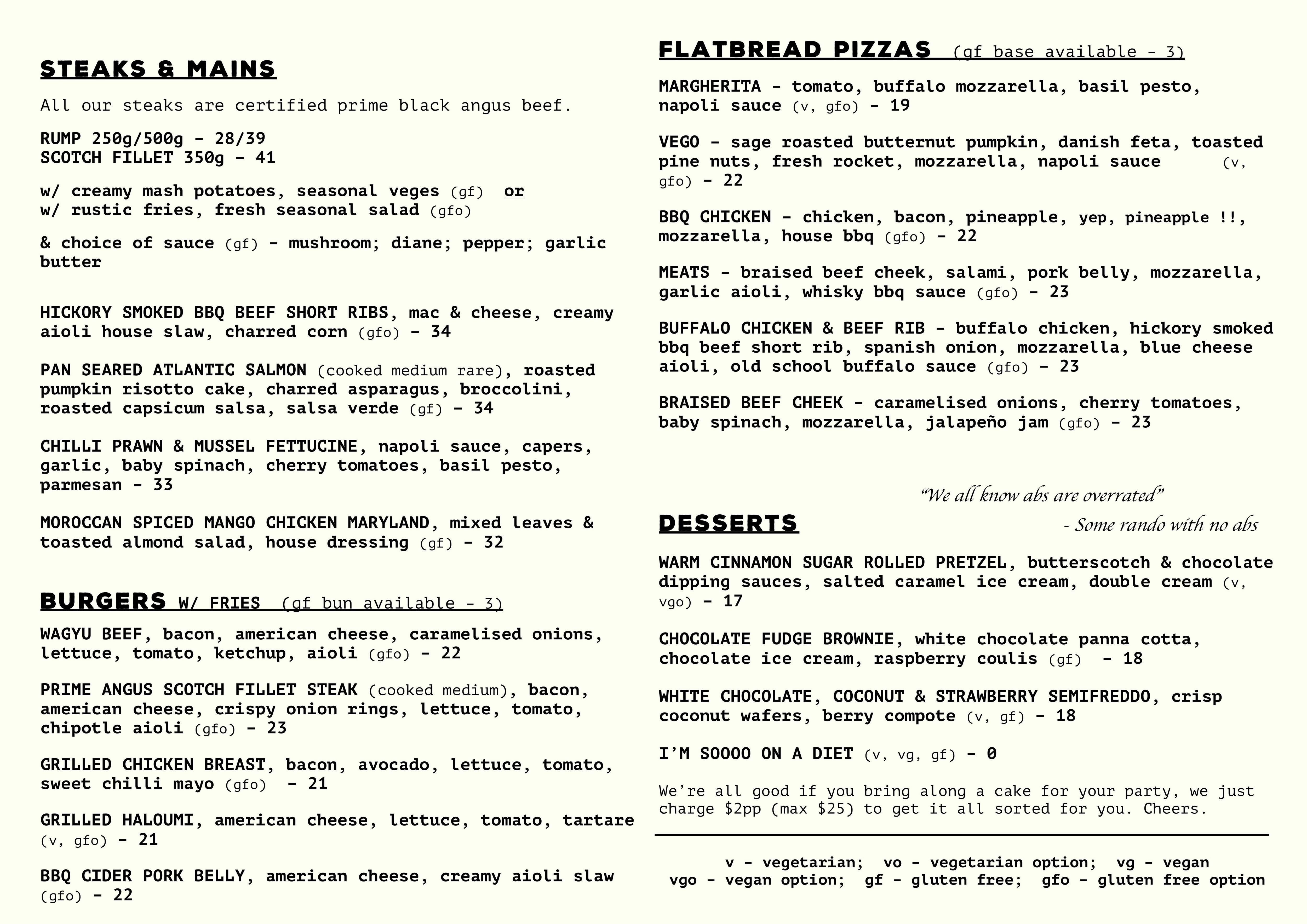 Menu at Element Bar, Coffs Harbour