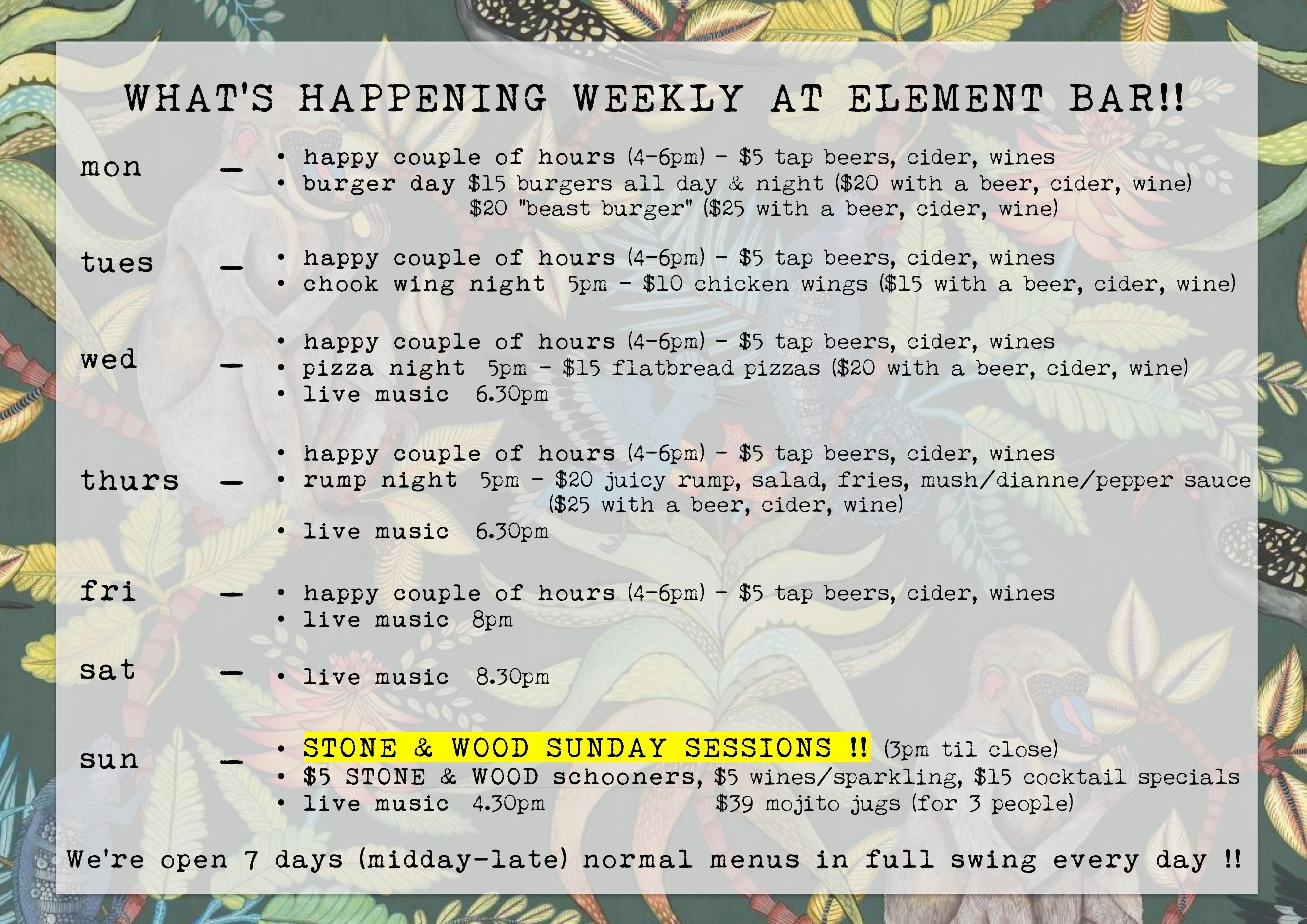 Menu at Element Bar, Coffs Harbour