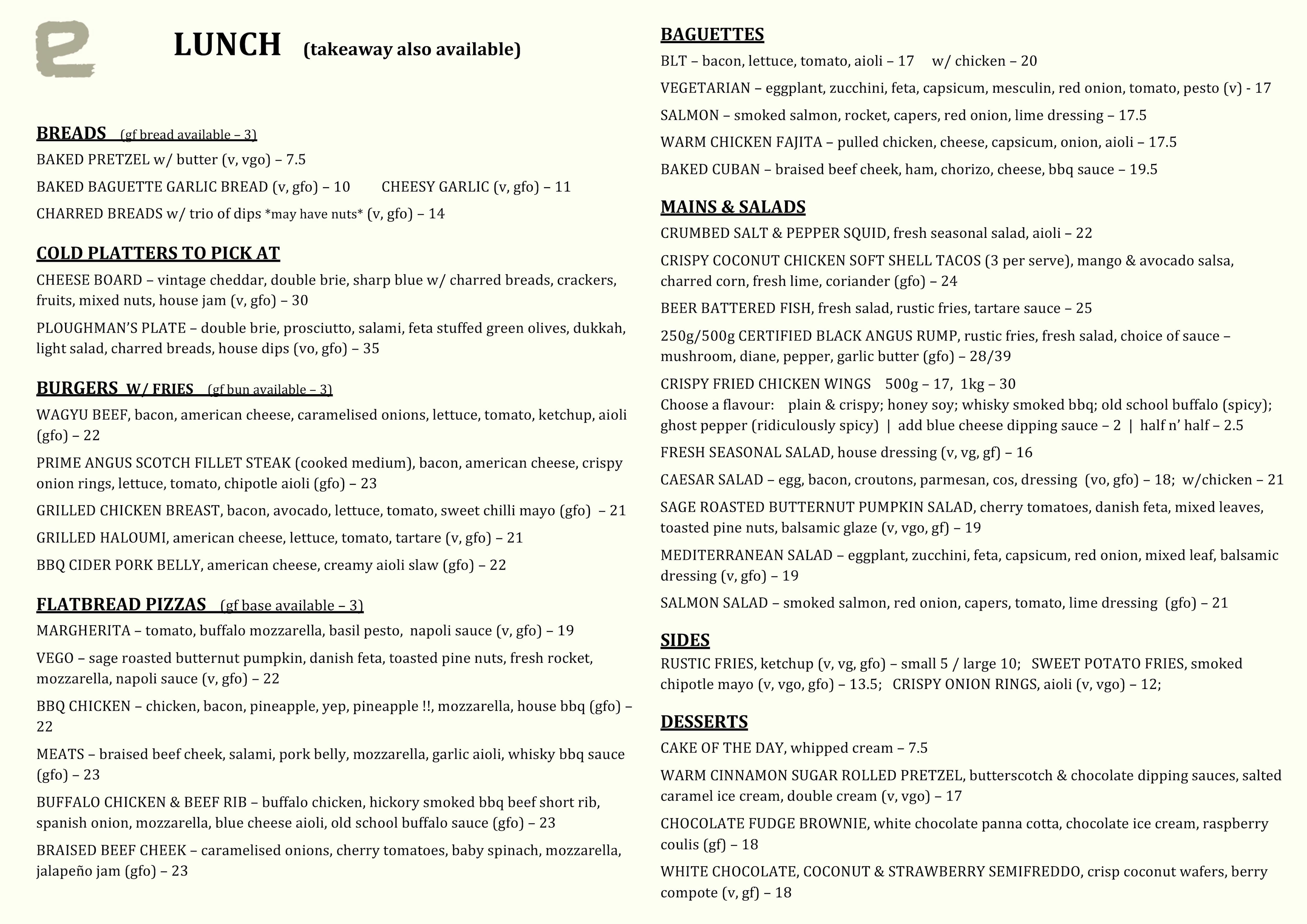 Menu at Element Bar, Coffs Harbour