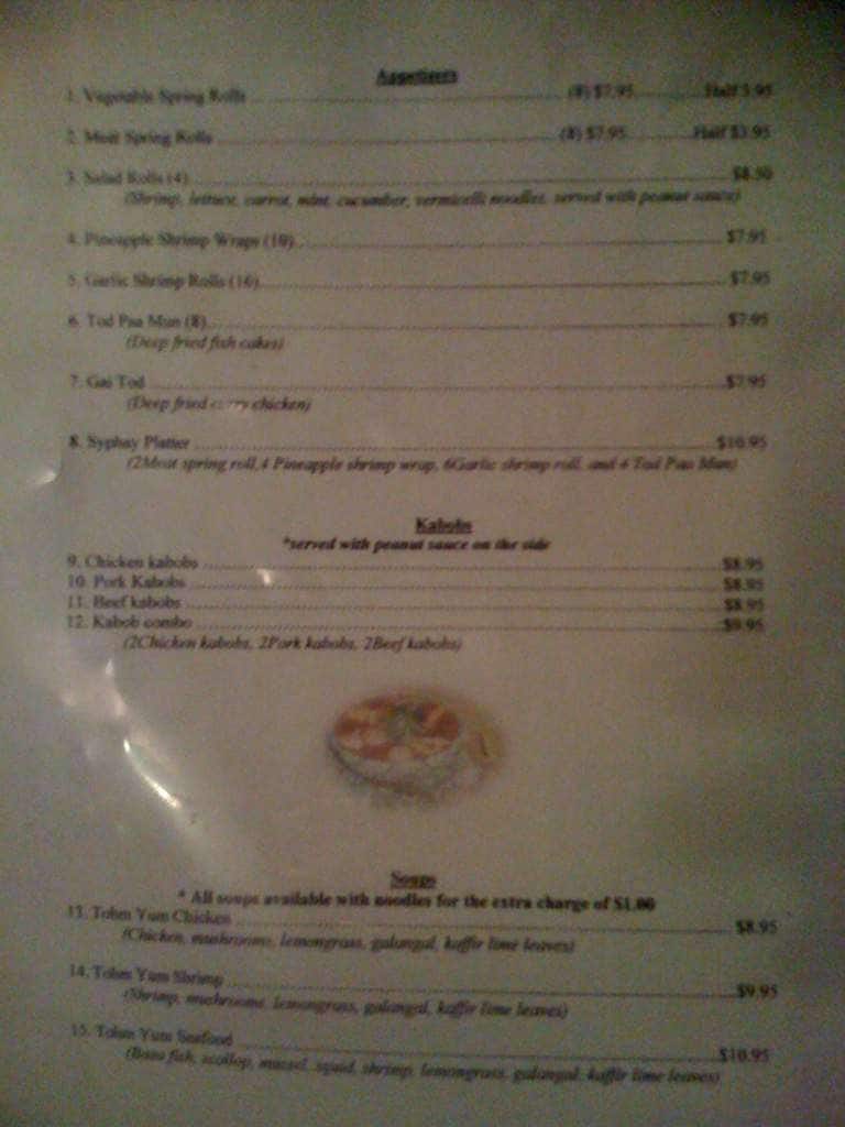 Menu au Syphay Restaurant, Edmonton, 104 Street NW