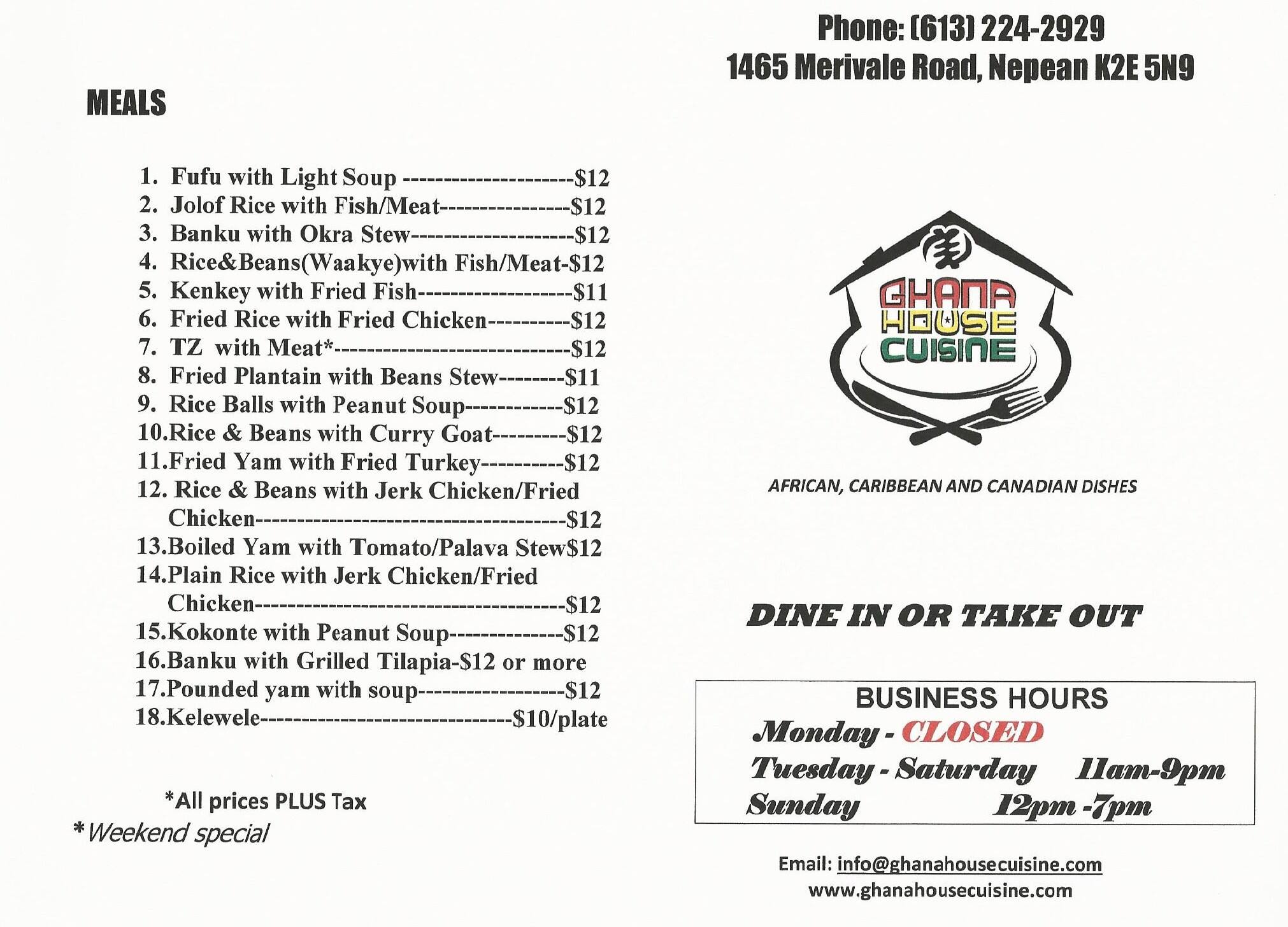 Menu at Ghana House Restaurant - Ghanaian cuisine, Ottawa
