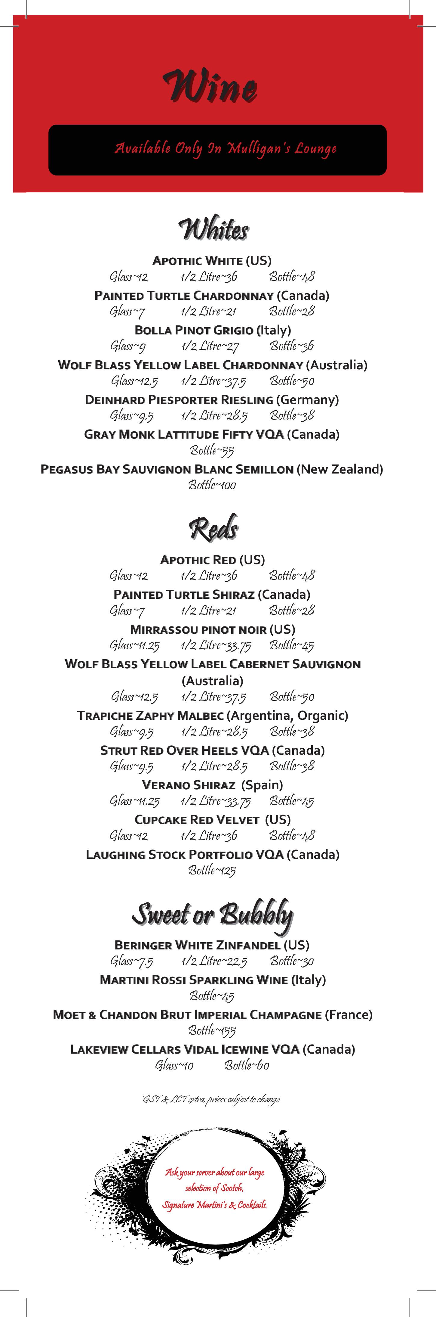 Menu at Mulligan's Lounge pub & bar, Regina