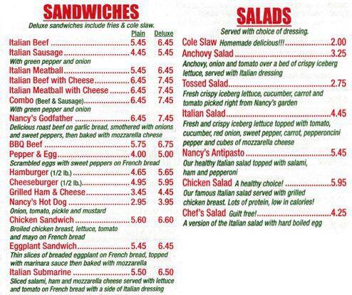 Menu at Nancy's Pizza pizzeria, Oak Lawn, W 95th St