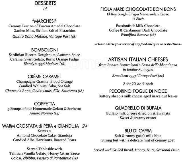 Menu at Fiola Mare restaurant, Washington