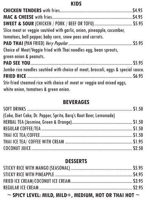 Menu at Beau Thai Restaurant, Evergreen