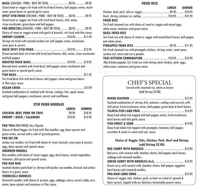 Menu at Beau Thai Restaurant, Evergreen