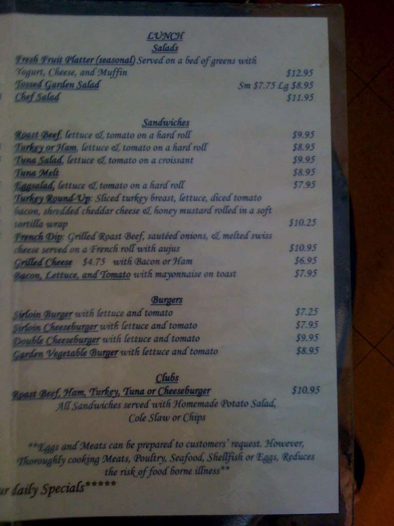 Menu at Blue Bird Inn restaurant, Easton