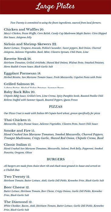 Menu at Two Twenty Restaurant, Chico