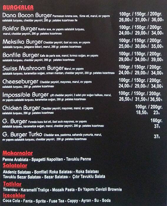 Menu at G burger, Istanbul