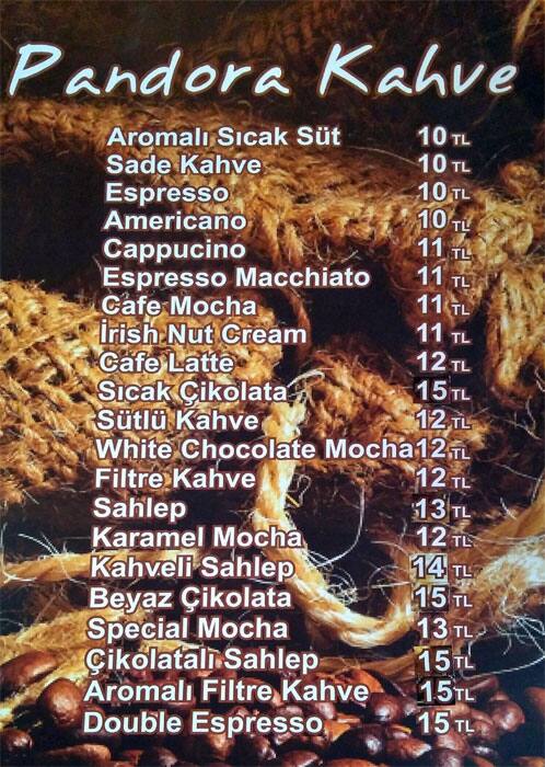 Menu at Pandora, Istanbul, Bağcılar Cd. 28a