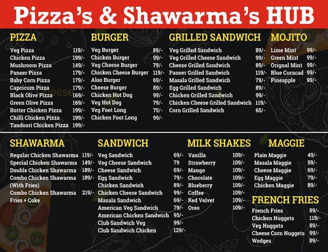Menu of Pizzas And Shawarma Hub, Ameerpet, Hyderabad