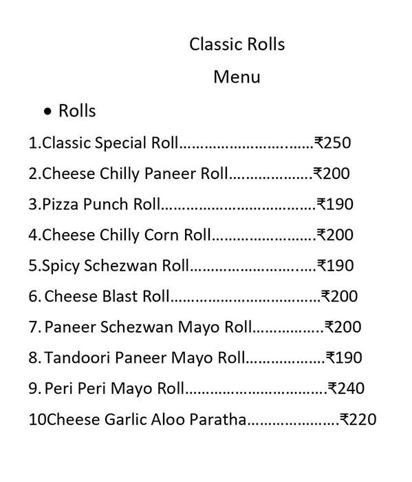 Menu of Classic Rolls, Infocity, Gandhinagar