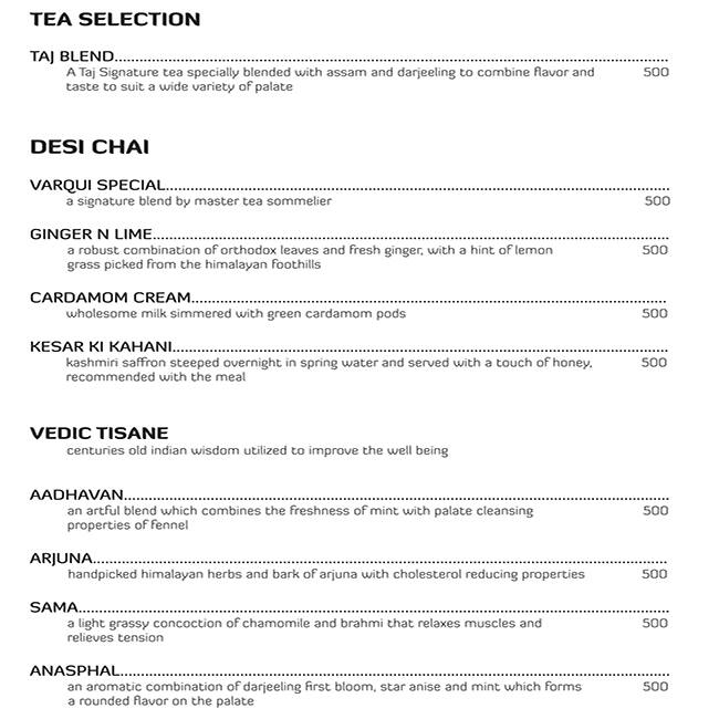 Menu at Varq, New Delhi, The Taj Mahal Hotel