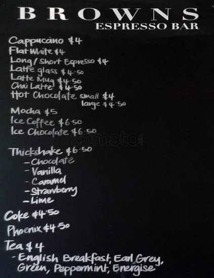 Menu at Browns cafe, Auckland, 409-411 Remuera Road