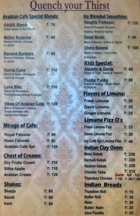Menu at Arabian cafe, Kochi, Opp Chinese Garden