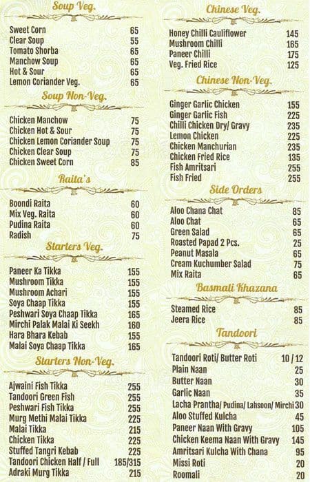 Menu at Awadh, Zirakpur, Opposite Sbi-Patiala Highway