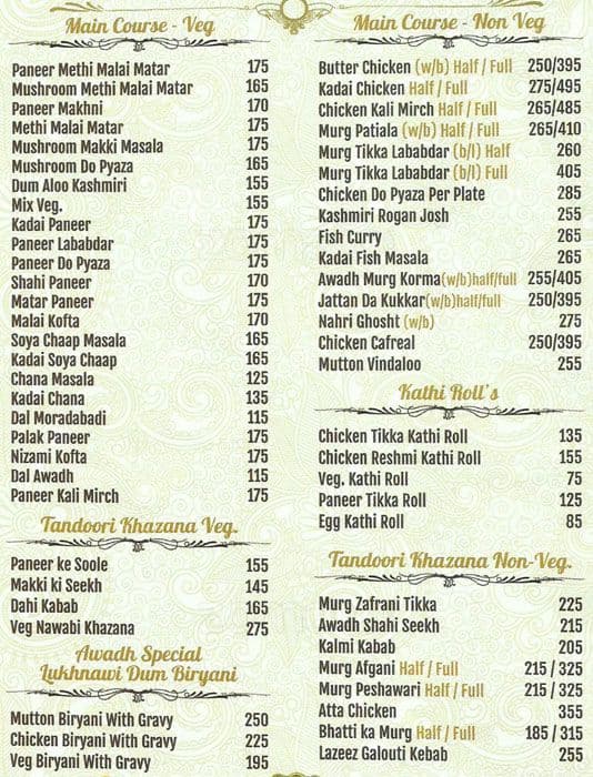 Menu at Awadh, Zirakpur, Opposite Sbi-Patiala Highway