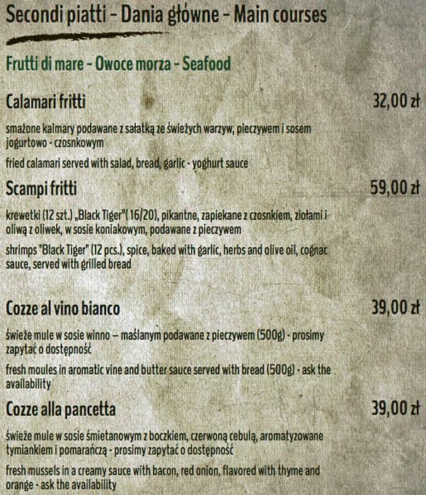 Menu at Trattoria La Fortuna restaurant, Gdynia