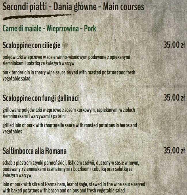 Menu at Trattoria La Fortuna restaurant, Gdynia