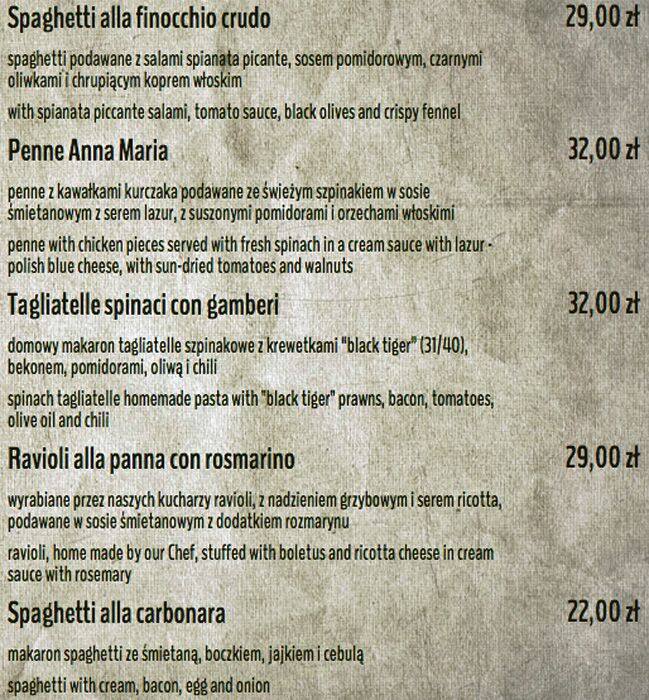 Menu at Trattoria La Fortuna restaurant, Gdynia