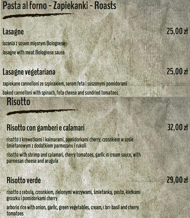 Menu at Trattoria La Fortuna restaurant, Gdynia