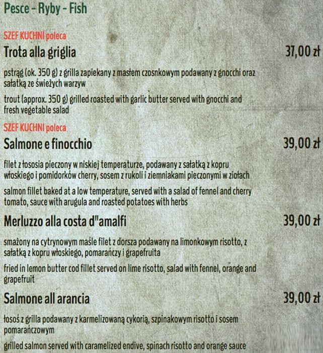 Menu at Trattoria La Fortuna restaurant, Gdynia