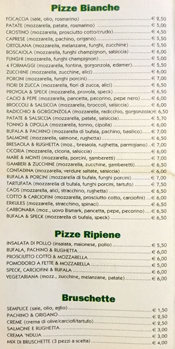 Menu at Mia Pizza restaurant, Rome, Via Bellegra