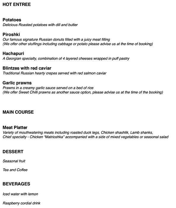 Menu at Matrioshka - Russian Restaurant, Carnegie
