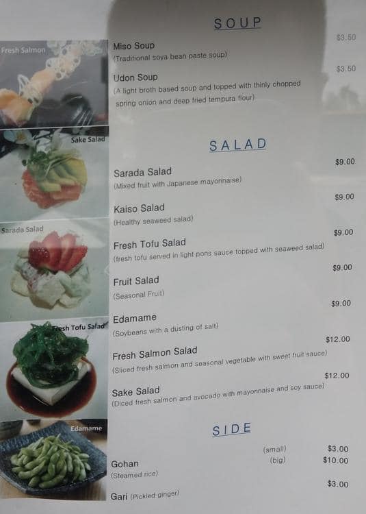 Menu at Tokyo Sake restaurant, Ringwood North