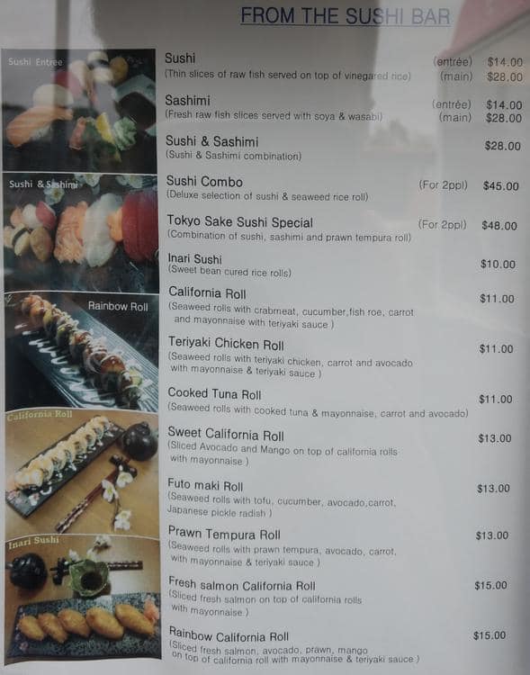 Menu at Tokyo Sake restaurant, Ringwood North
