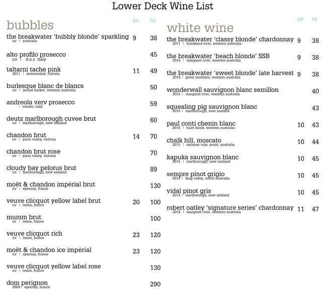 Menu at The Breakwater restaurant, Hillarys, 58 Southside Dr