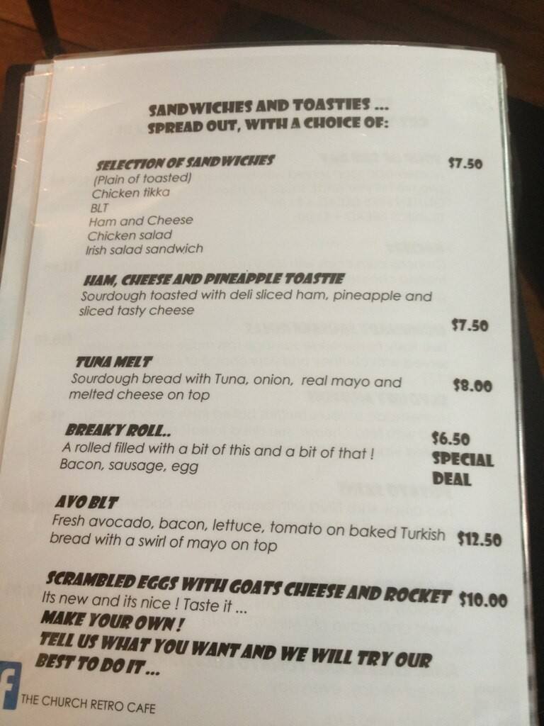 Menu at The Church Retro Cafe, Ballarat Central