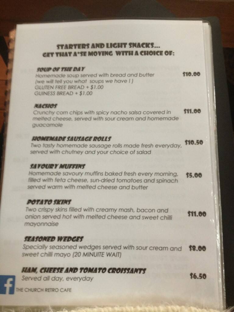 Menu at The Church Retro Cafe, Ballarat Central