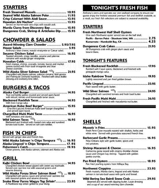 Menu at Anthony's Pier 66 & Bell Street Diner restaurant, Seattle