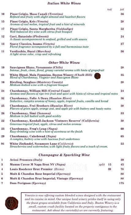 Menu at Venezia Restaurant Boston, Boston
