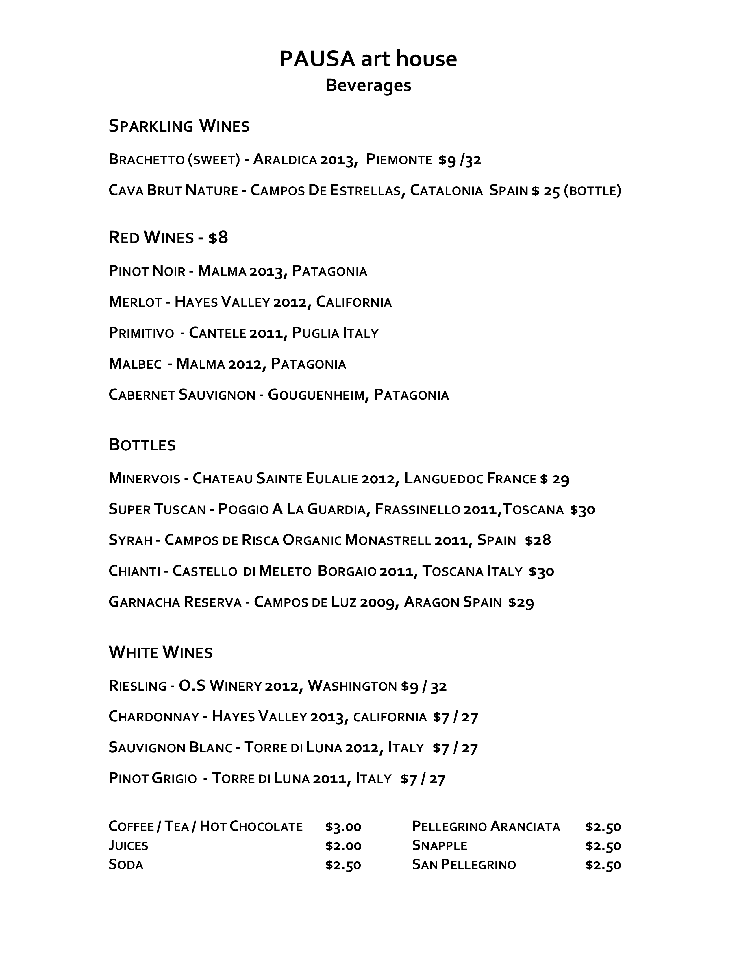 Menu at PAUSA art house pub & bar, Buffalo