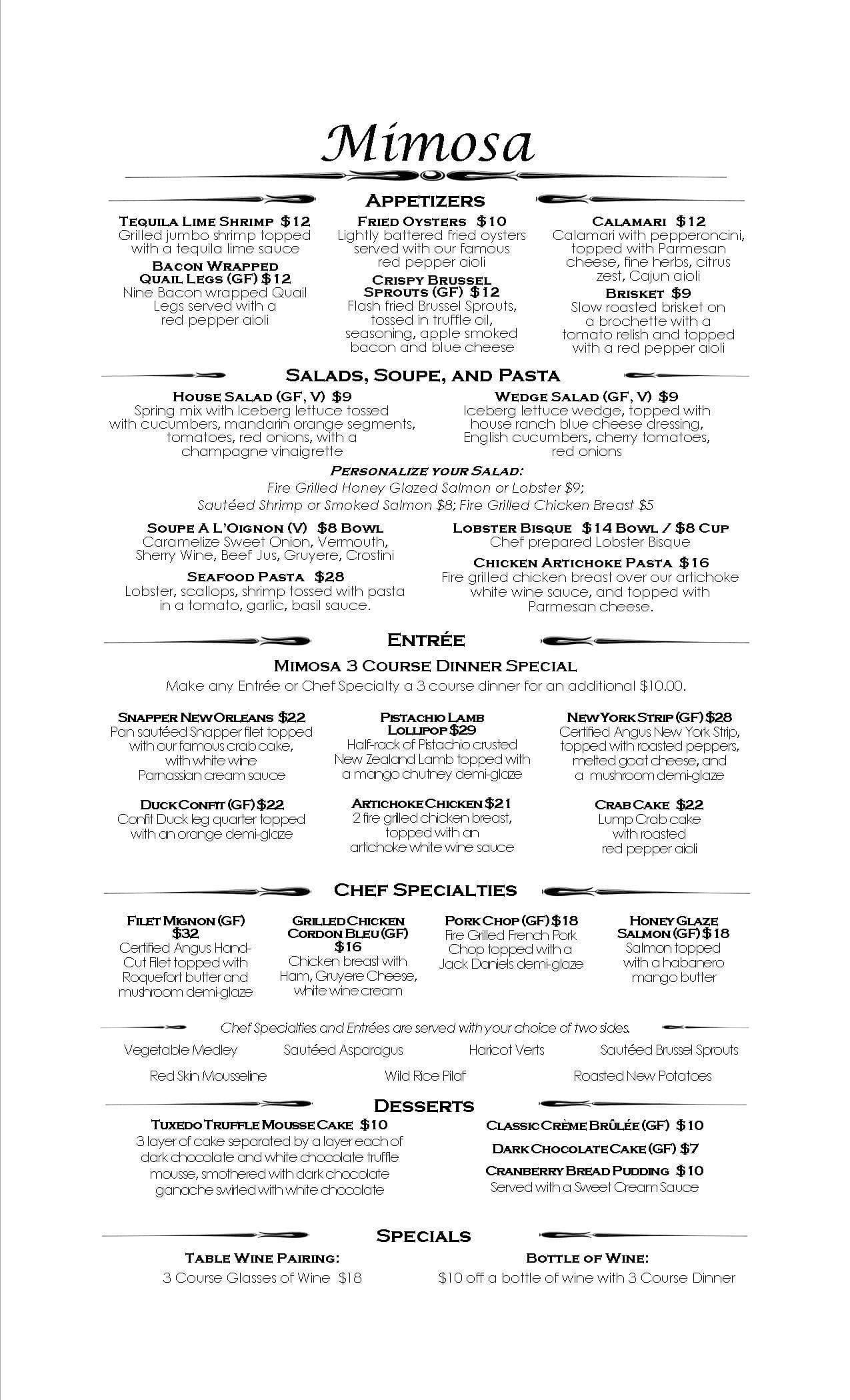 Menu at Mimosa Restaurant, San Antonio