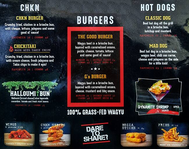 Menu at Kingpin restaurant, Abu Dhabi