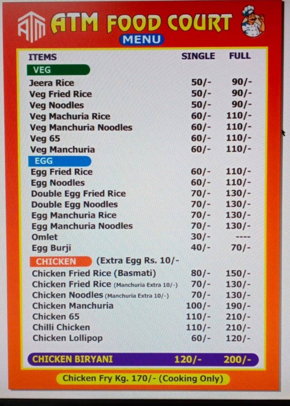 Menu at ATM FOOD COURT, Hyderabad