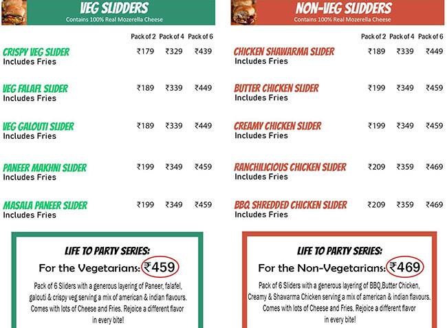 Menu of Slidders, Tangra, Kolkata