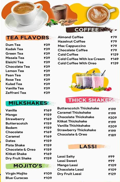 Menu of Tea Max Cafe, College Road, Nashik