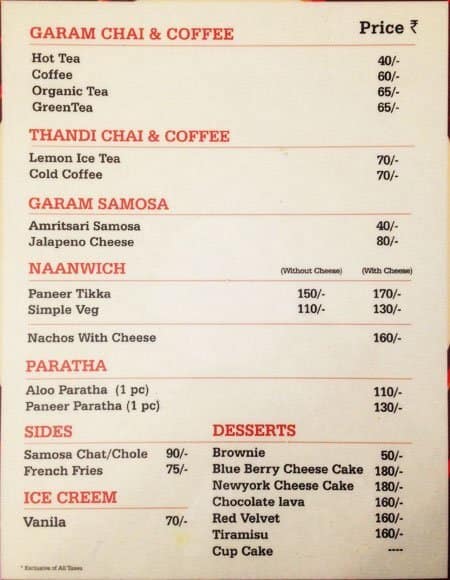 Menu at Chai Samosa, Mumbai, Shop No.2