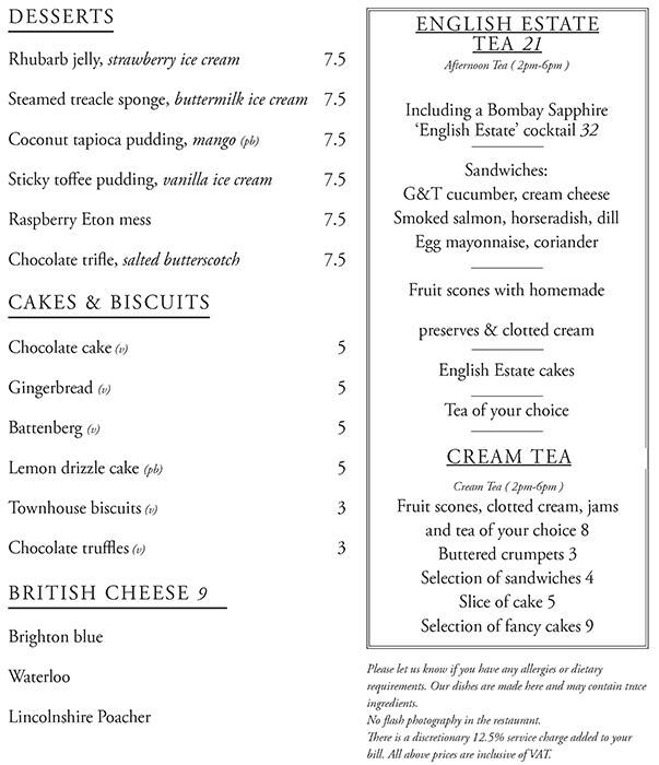 Menu at Dean Street Townhouse restaurant, London
