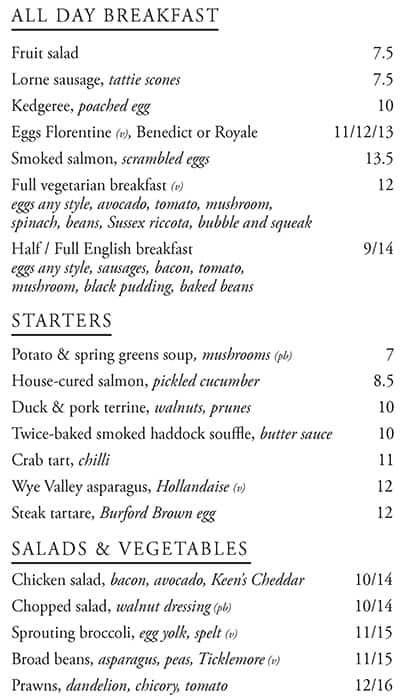 Menu at Dean Street Townhouse restaurant, London