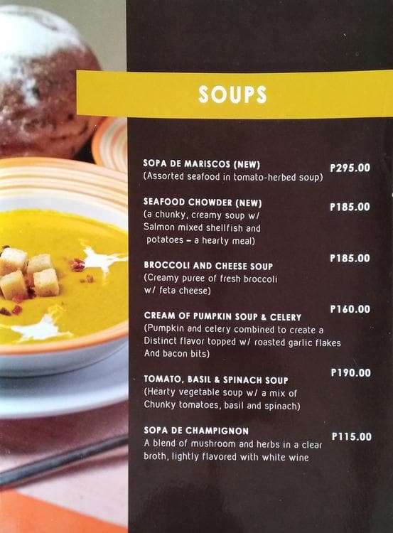 Menu at Bistro del Cielo restaurant, Muntinlupa