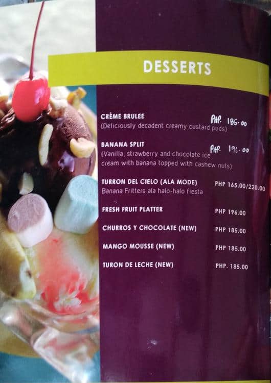 Menu at Bistro del Cielo restaurant, Muntinlupa